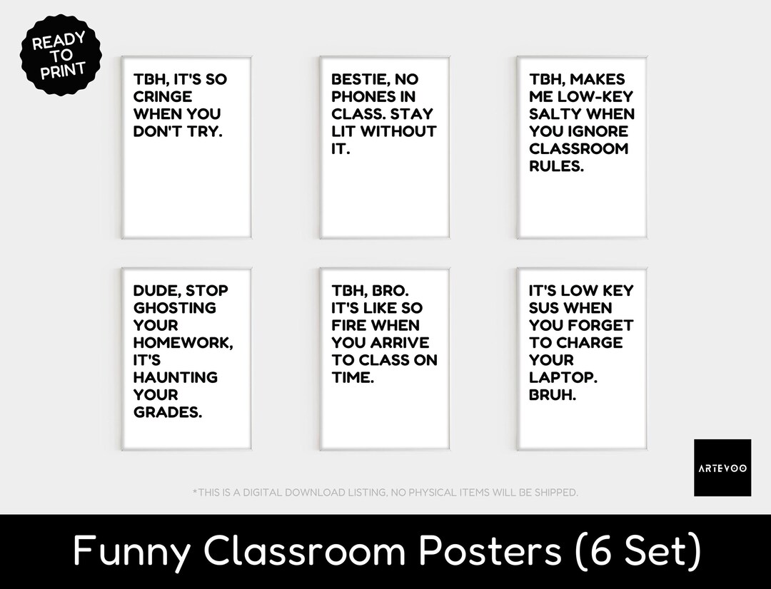Funny Classroom Posters Bundle, Printable Wall Art Sign for English ...