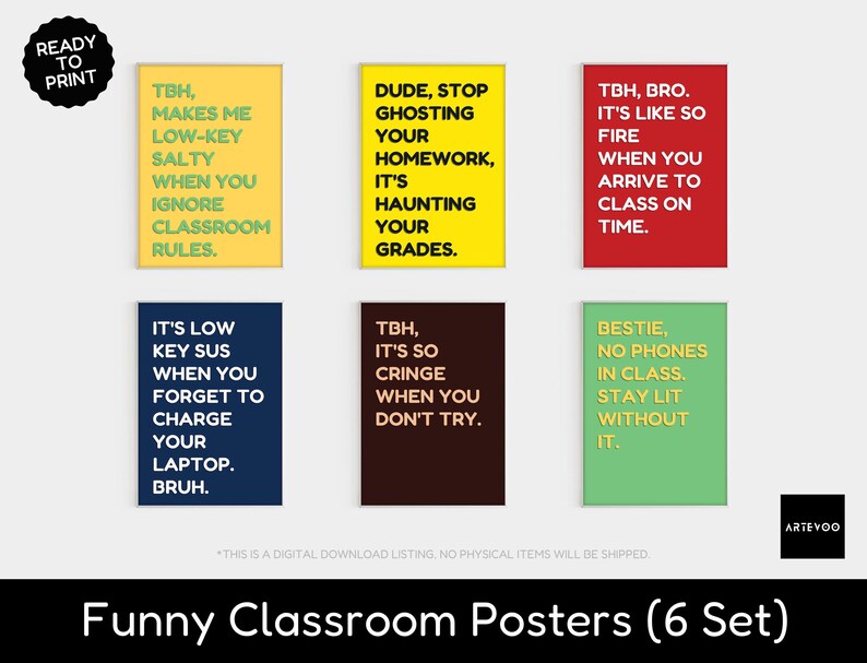 Funny Classroom Posters Bundle, Printable Wall Art Sign for English ...