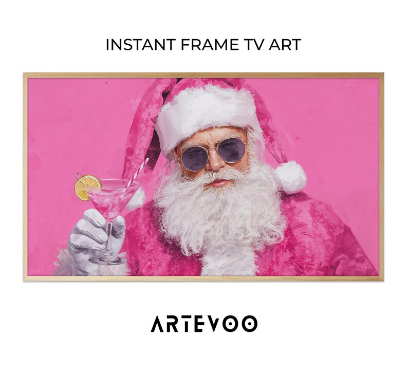 Retro Pink Santa Martini Samsung Frame TV Art, Playful Xmas Digital ...