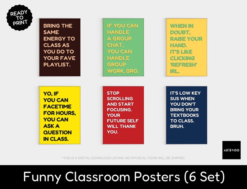 Funny Classroom Posters Bundle, Printable Wall Art Sign for English ...