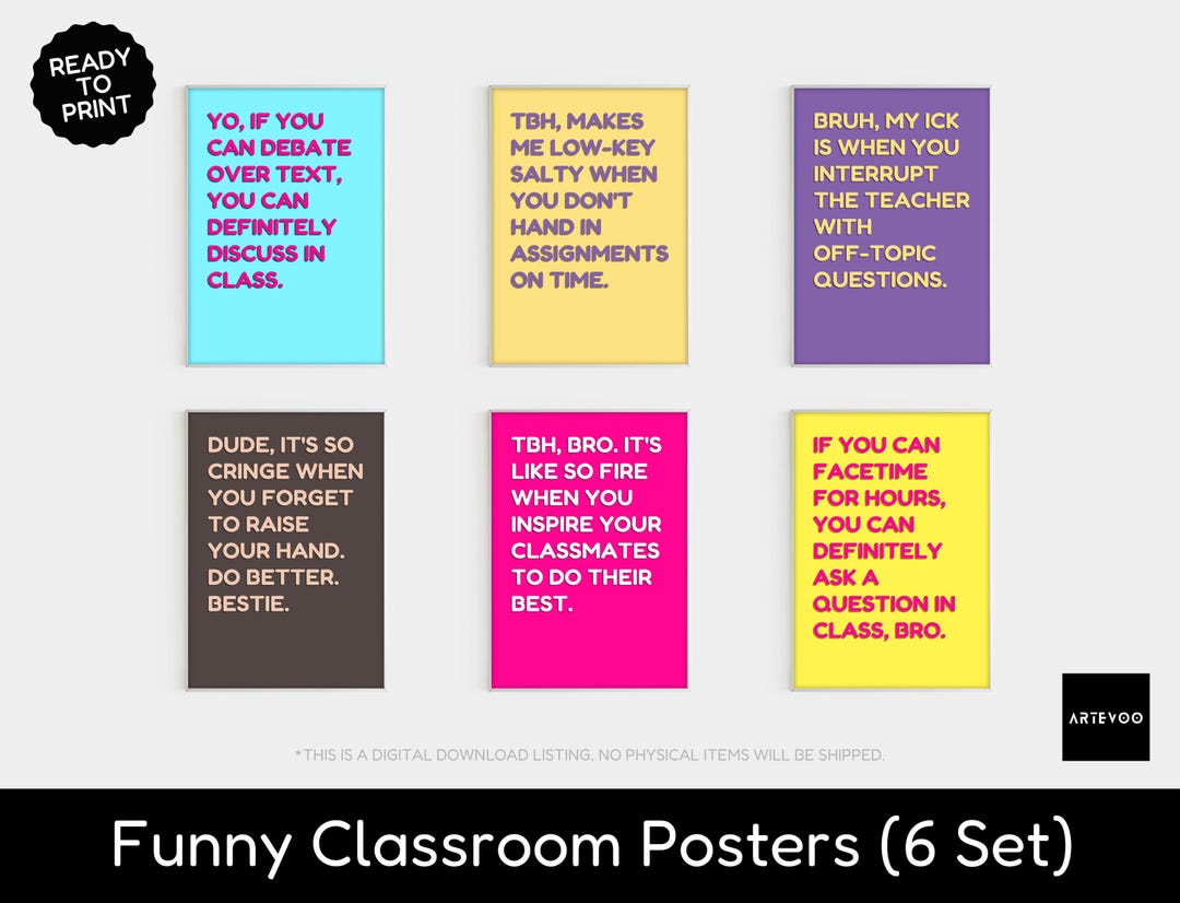 Funny Classroom Posters Bundle, Printable Wall Art Sign for English ...