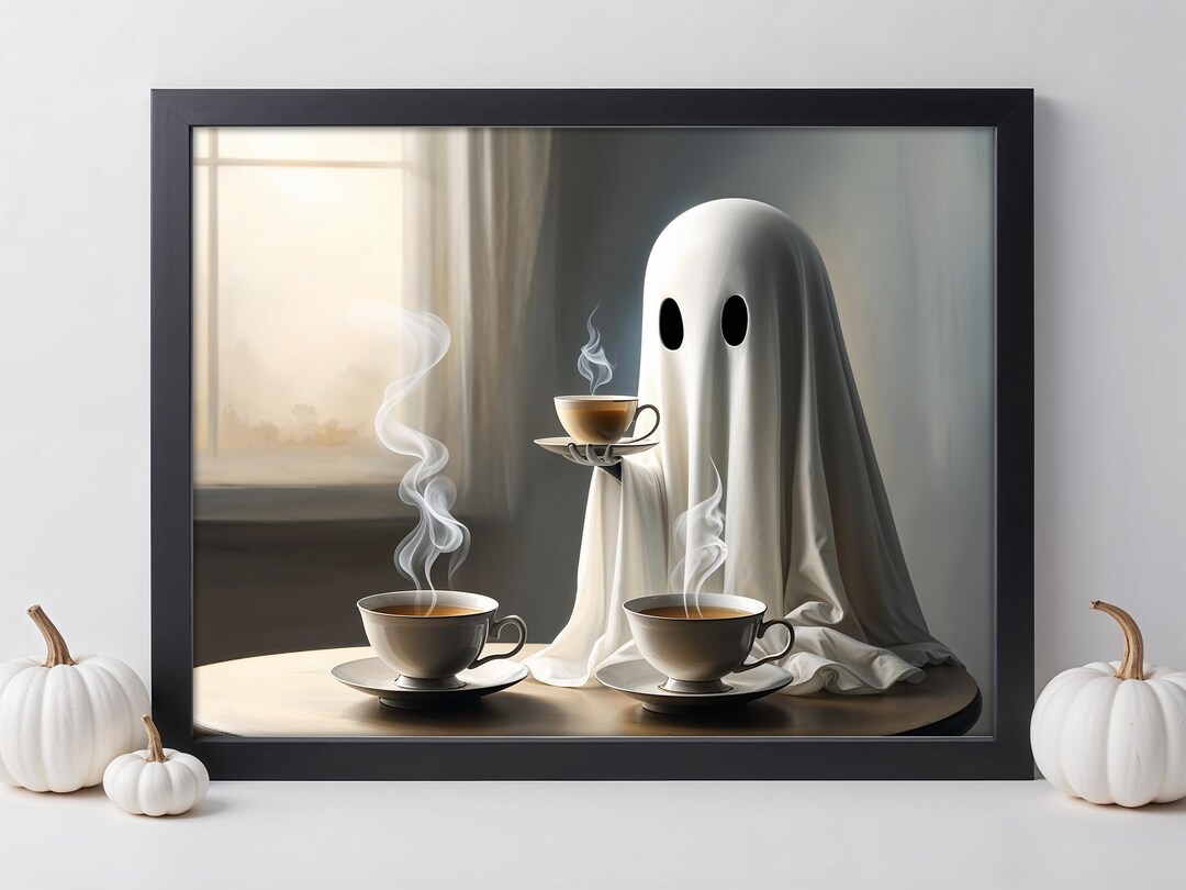 Ghost Drinking Tea, Halloween Printable Wall Art Decor, Dark Vintage ...