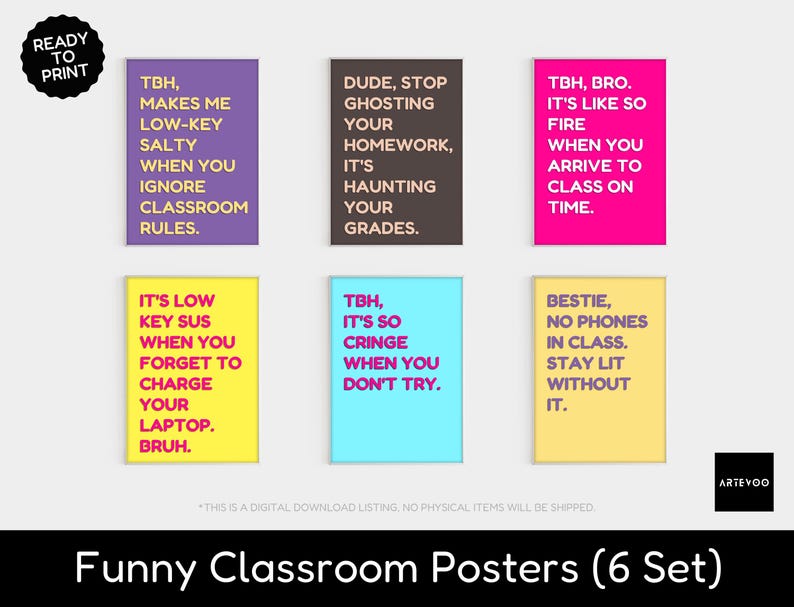 Funny Classroom Posters Bundle, Printable Wall Art Sign for English ...