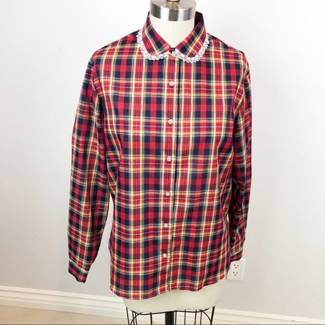Vintage 1970s RUSS TOGS Madras Plaid Button Down Shirt Size L Peter Pan ...
