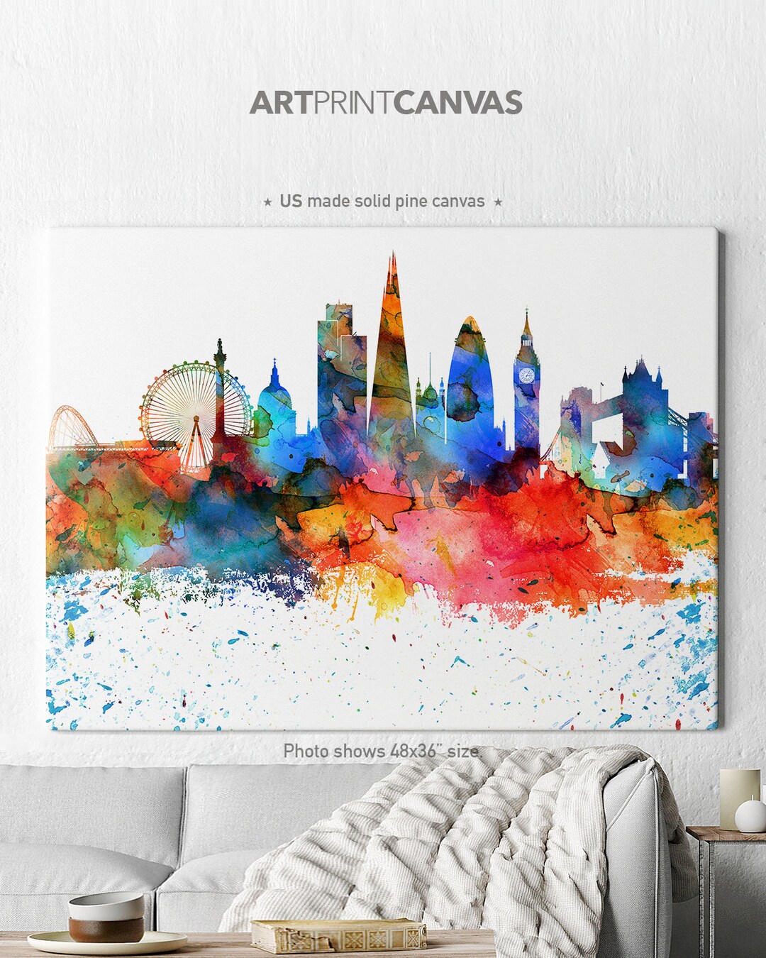 London Canvas Print, London Watercolor Skyline Canvas, London Colorful ...