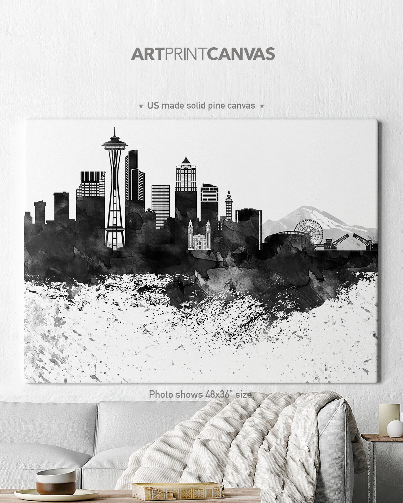 Seattle Skyline Canvas Seattle Black and White Canvas | Etsy