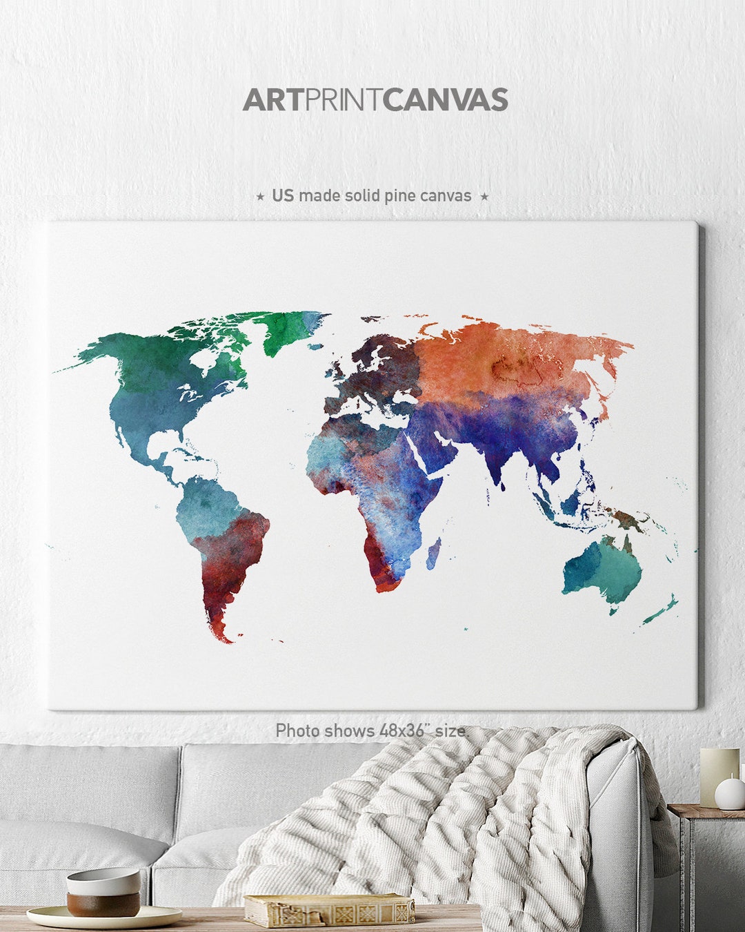 World Map Canvas, Watercolor World Canvas Map, Art Print, Art, World ...