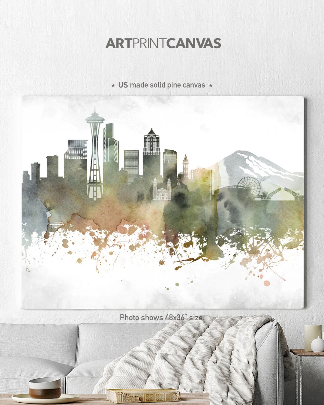 Seattle Skyline Canvas, Seattle Canvas Pastel Print, Seattle Canvas ...