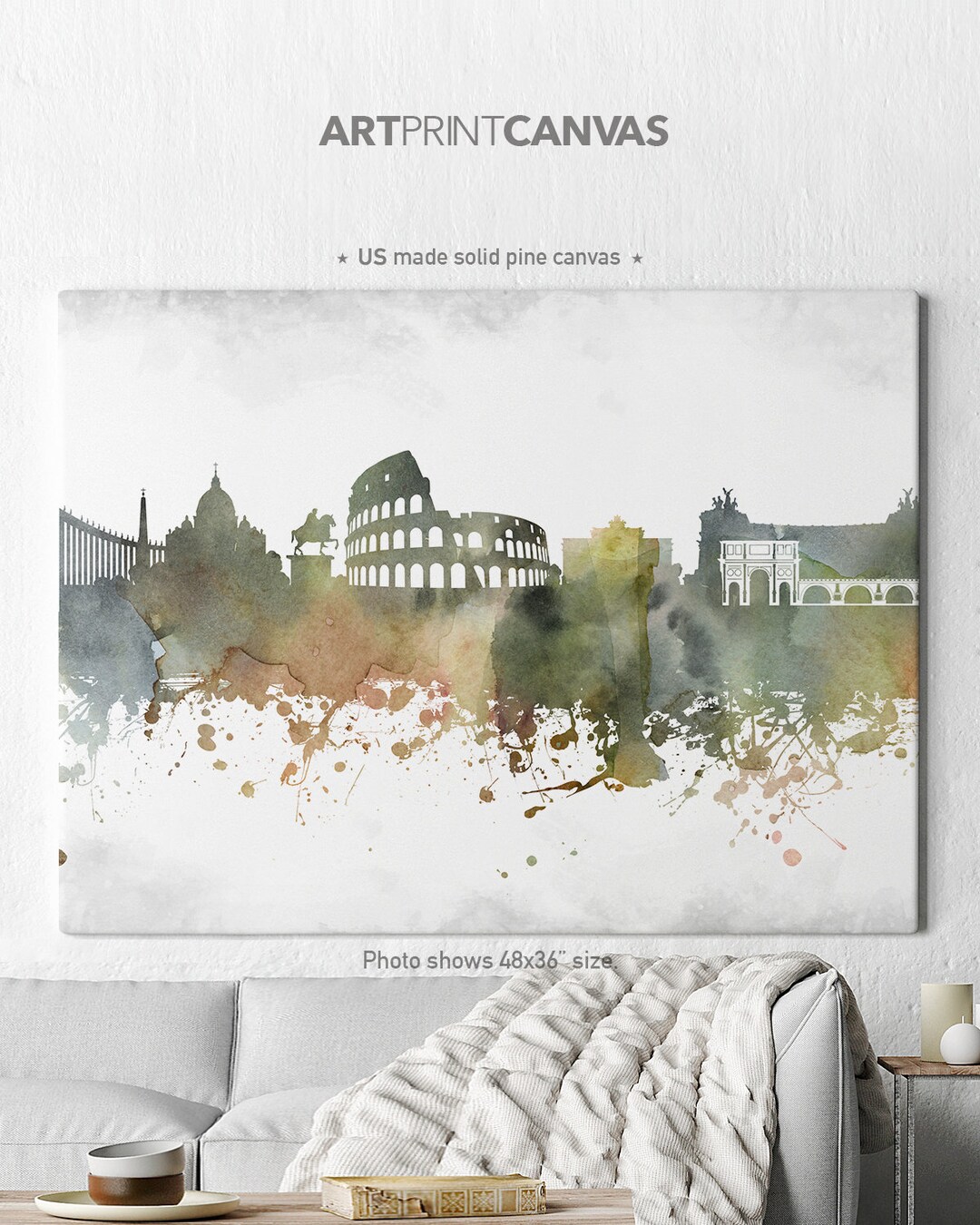 Rome Canvas Skyline Print, Rome Watercolor Skyline, Rome Italy Canvas ...