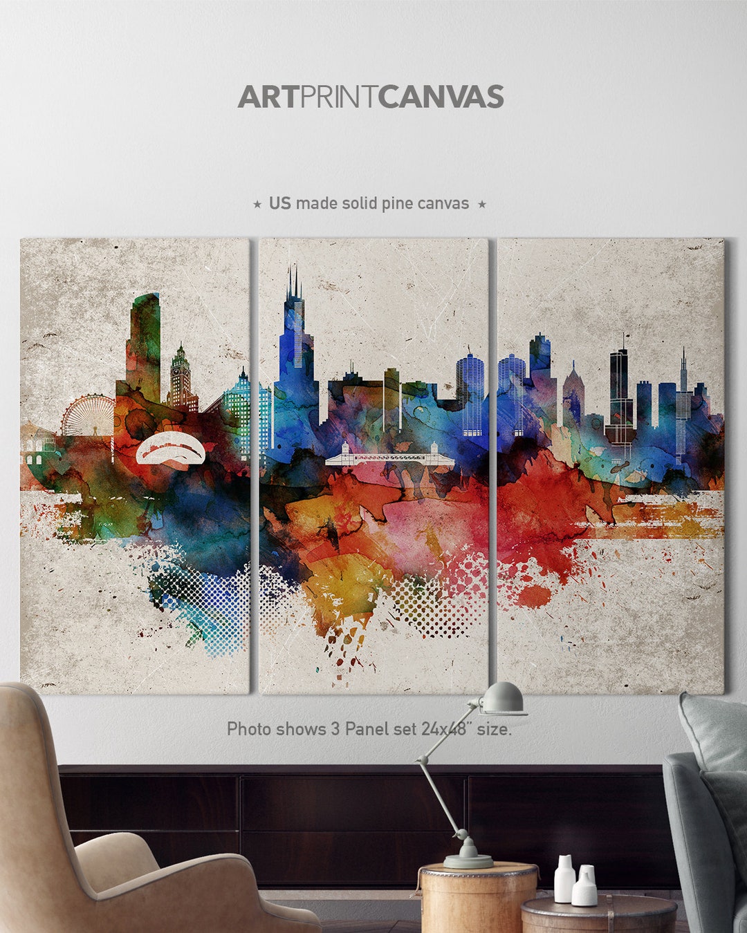 Chicago Canvas 3 Panel Set, Chicago Skyline Canvas Poster, Chicago ...