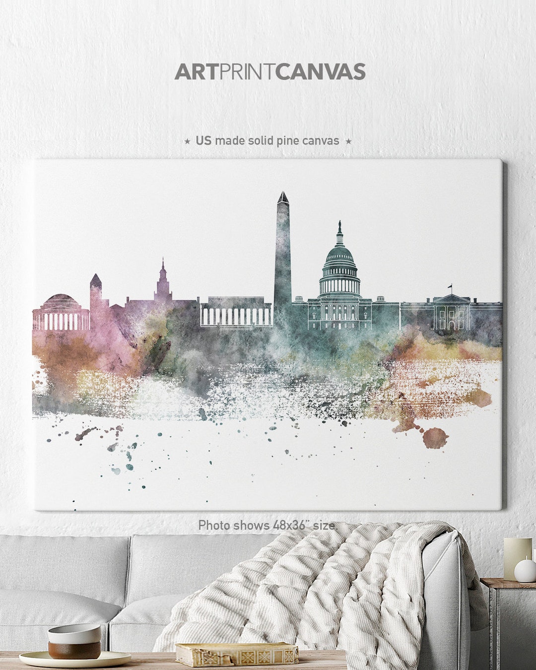 Washington Skyline Canvas Print, Washington DC Watercolor Skyline ...