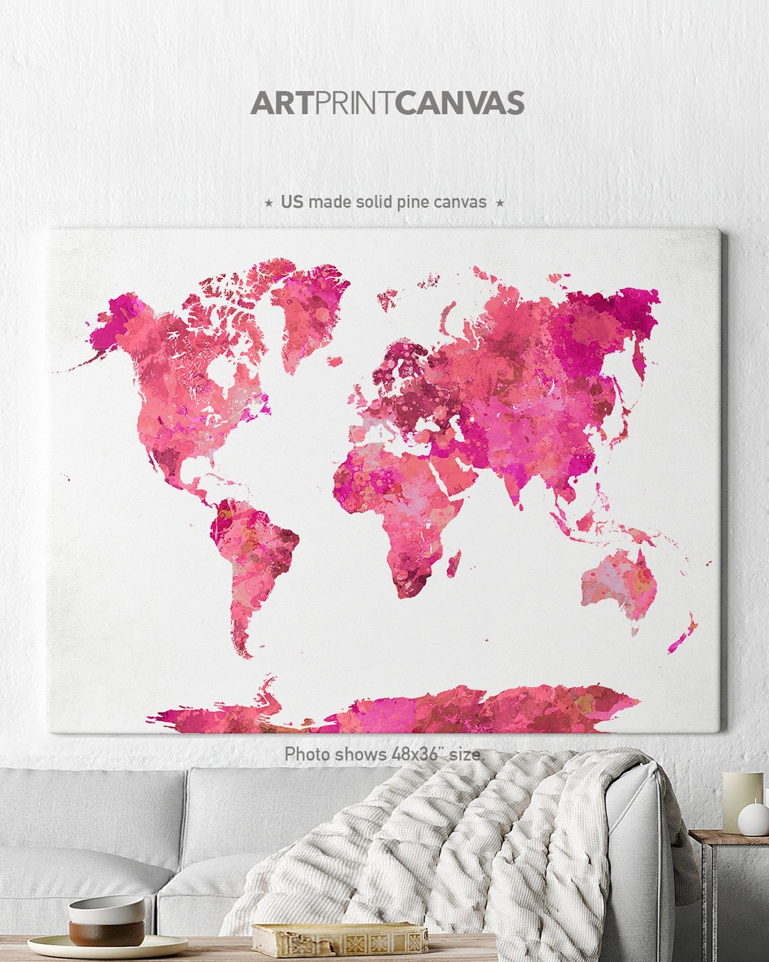 World Map Canvas, Watercolor World Canvas Map, Art Print, Art, World ...