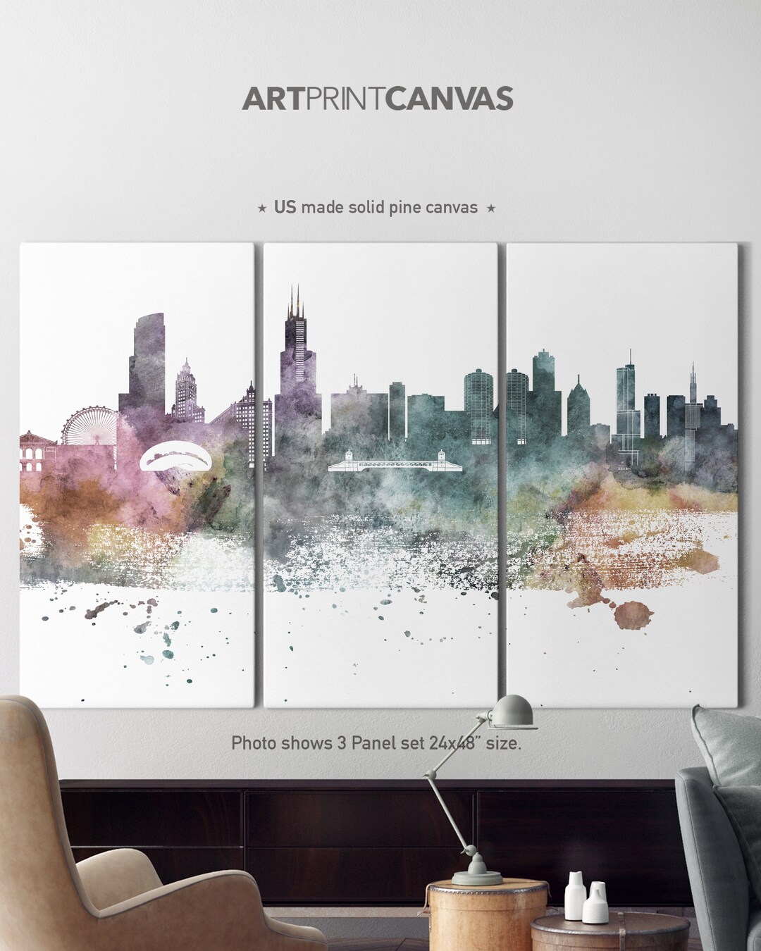 Chicago Canvas 3 Panel Set, Chicago Skyline Canvas Poster, Chicago ...