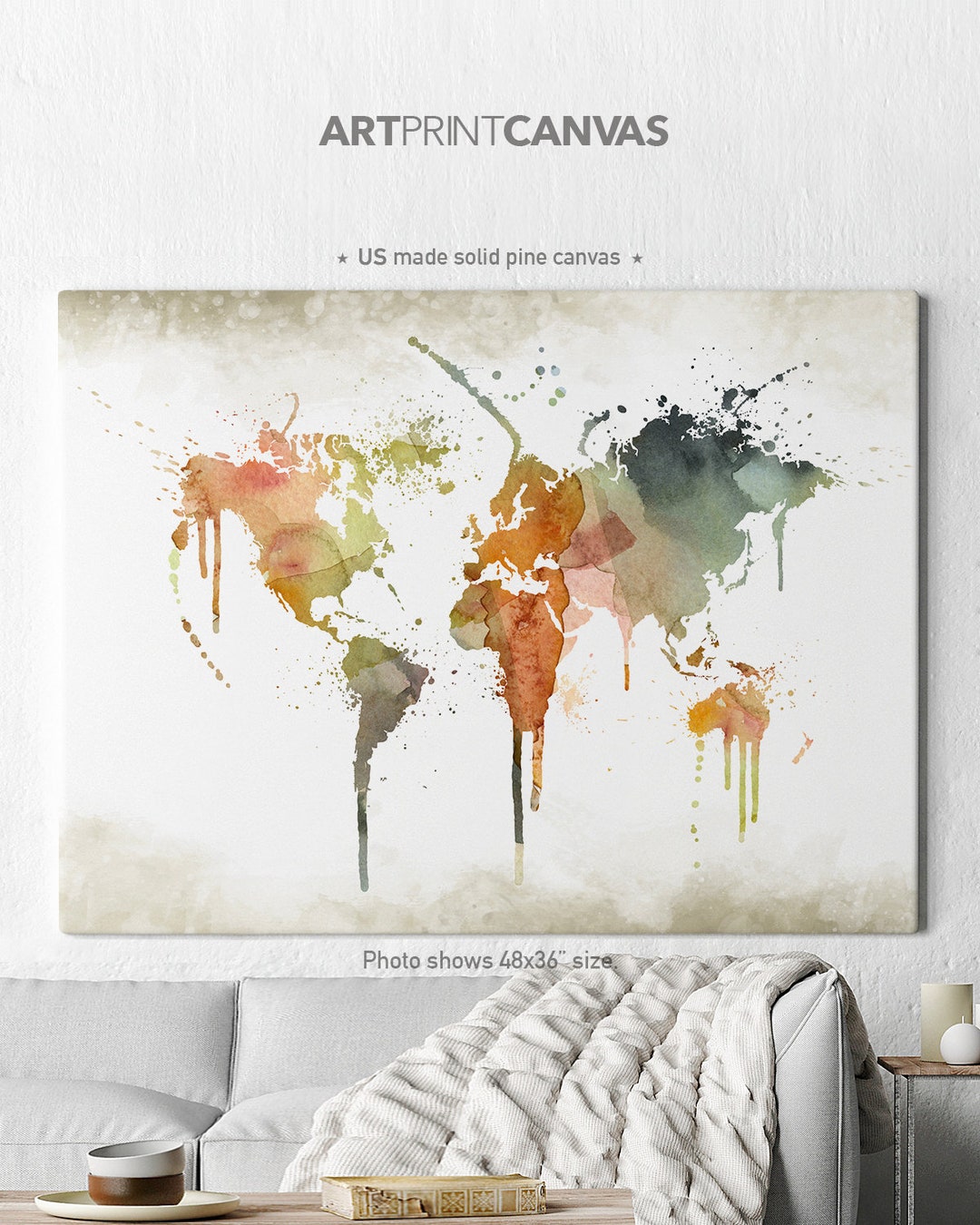 World Map Canvas, Watercolor World Canvas Map, Art Print, Art, World ...