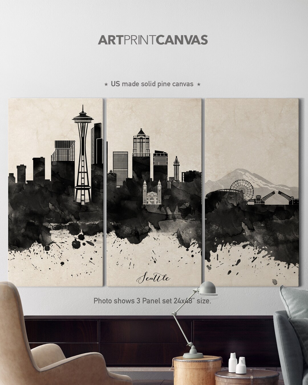 Seattle Canvas Art, 3 Canvas Set, Seattle Skyline Set of 3 Canvas ...