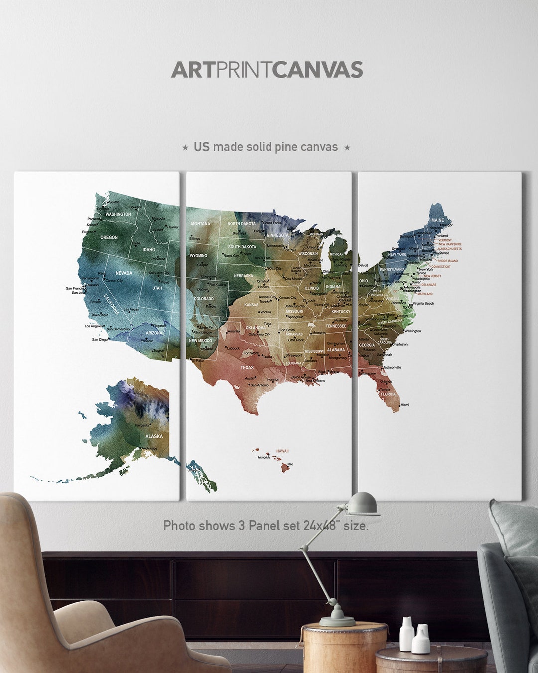 US Map Canvas Print, United States Map Canvas Watercolor, Canvas Map ...