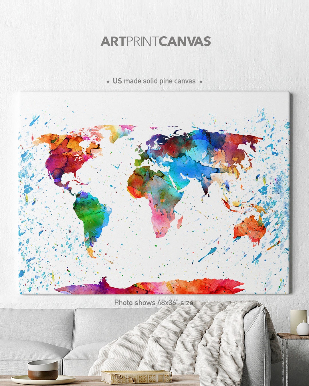 World Map Canvas, Watercolor World Canvas Map, Art Print, Art, World ...