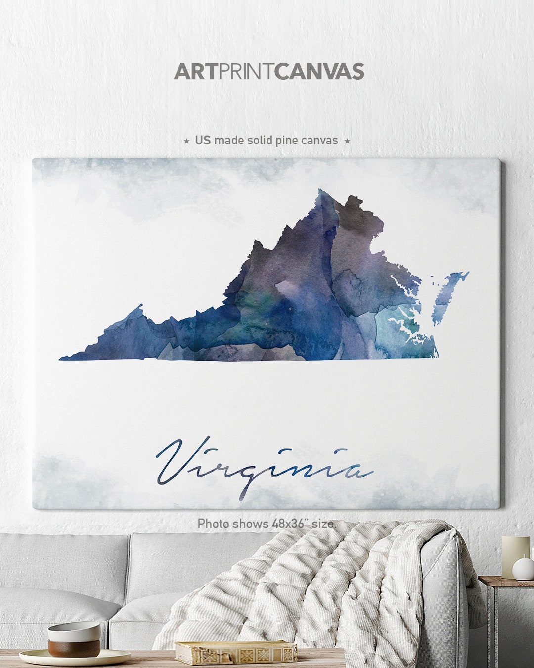 Virginia Map Canvas, Virginia Map Print, Virginia Canvas Wall Art ...