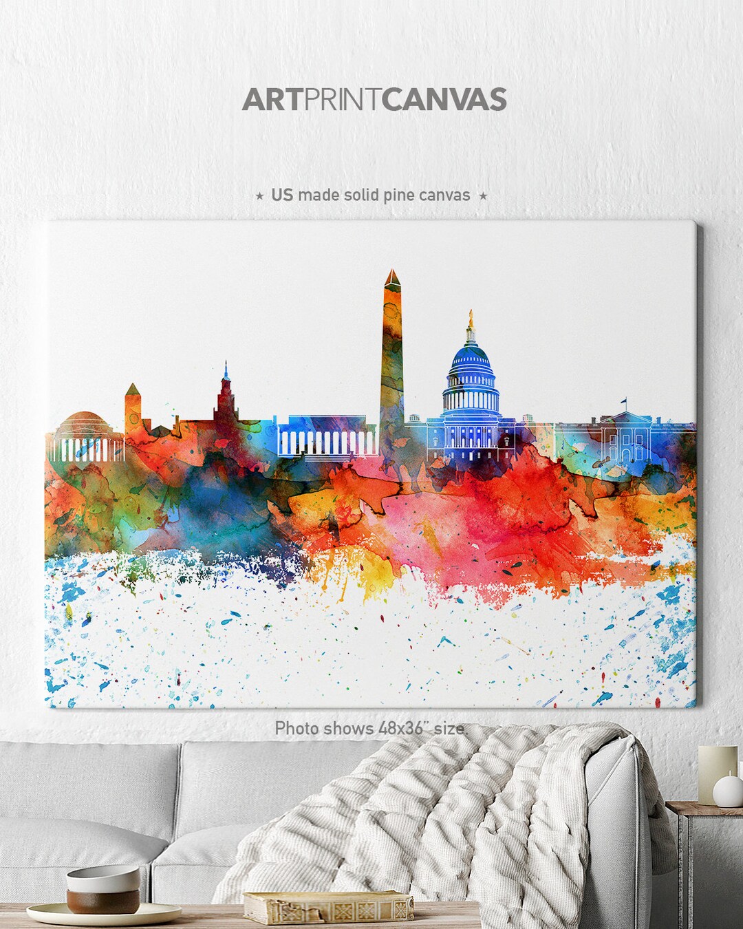 Washington DC Canvas Art, Washington DC Watercolor Skyline Canvas ...