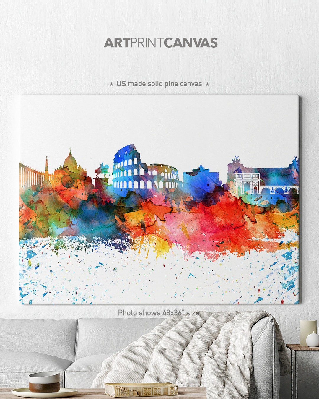 Rome Canvas Print, Rome Watercolor Skyline, Rome Canvas Art, Wall Art ...