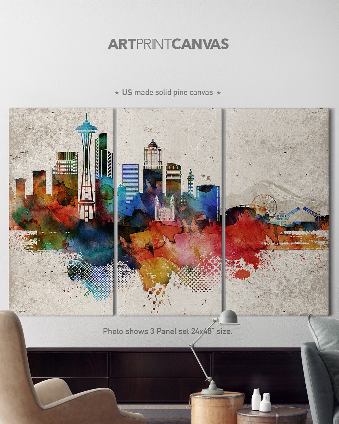 Seattle Canvas Art, 3 Canvas Set, Seattle Skyline Set of 3 Canvas ...