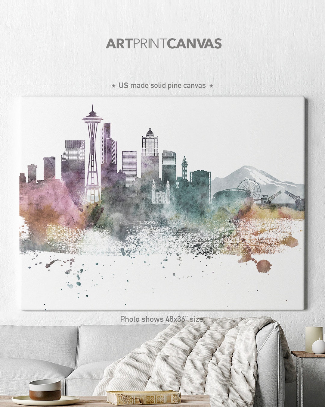 Seattle Skyline Canvas, Seattle Canvas Pastel Print, Seattle Canvas ...