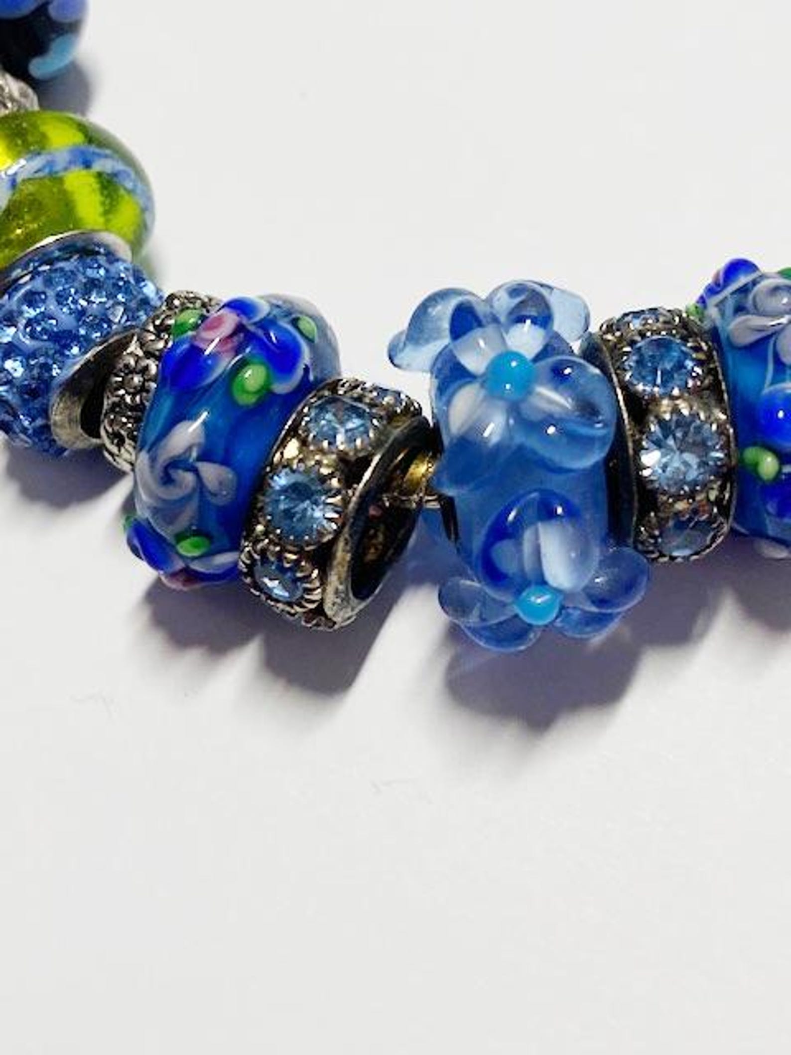 Blue & Green Flowers Charm Bracelet European Bead Pandora Style ...
