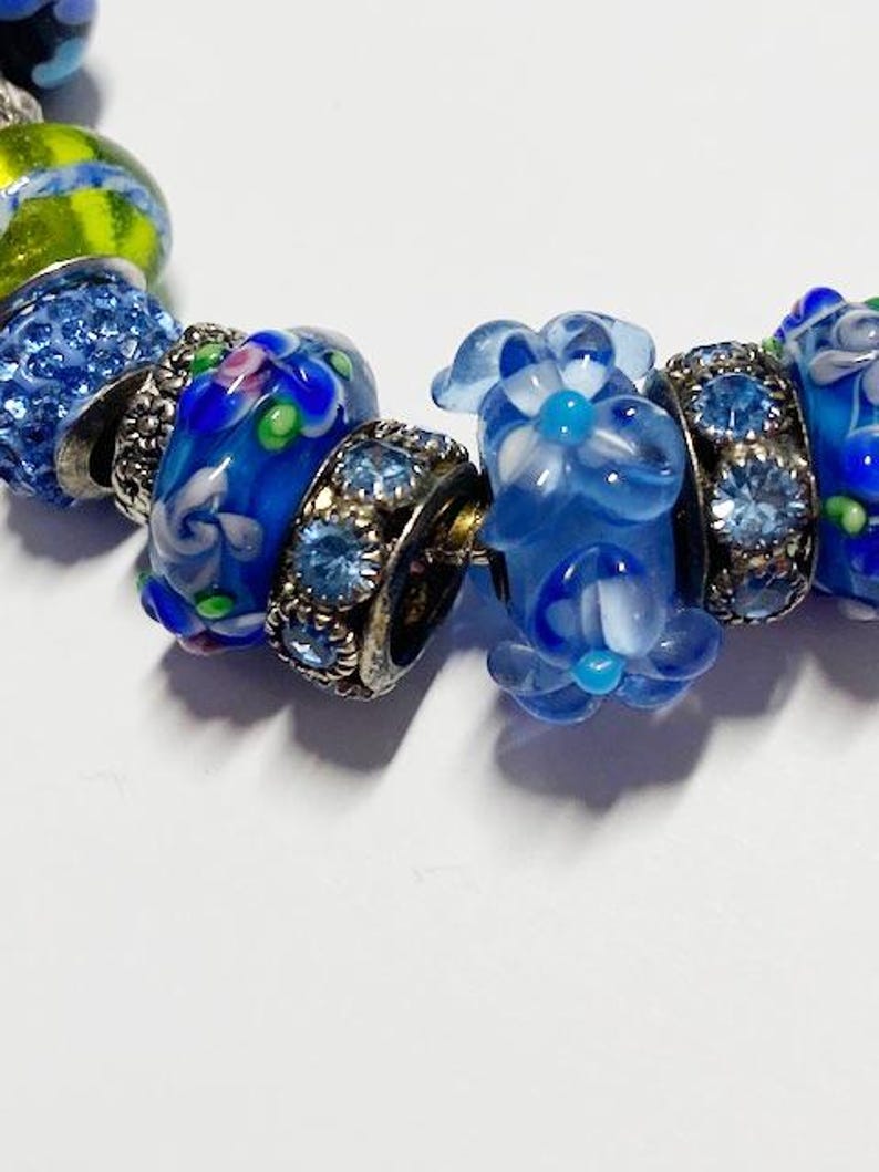 Blue & Green Flowers Charm Bracelet European Bead Pandora Style ...