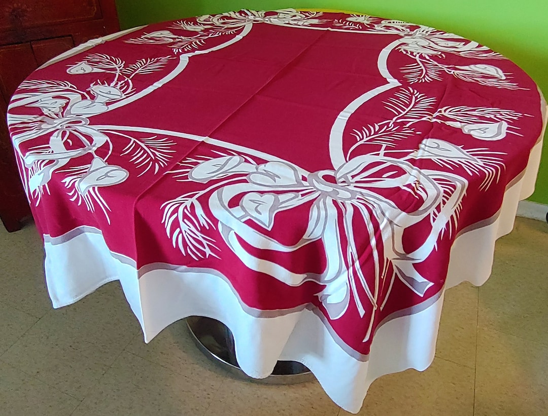 SALE 25% OFF Vintage 1950's Tablecloth 1950s Table Linen 50s Wine White ...