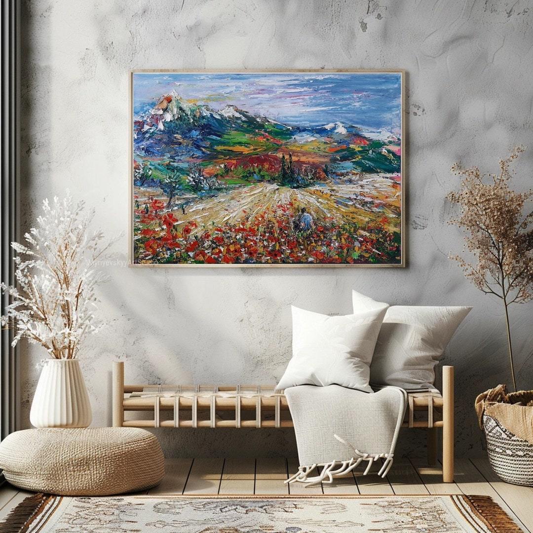 Red Poppies Fields Landscape, Mountains Original Painting, Floral ...