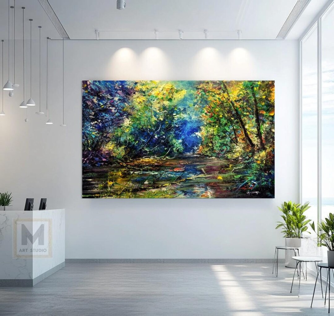 Forest Lake Painting, Large Green Forest Lake Landscape, Forest Pond ...