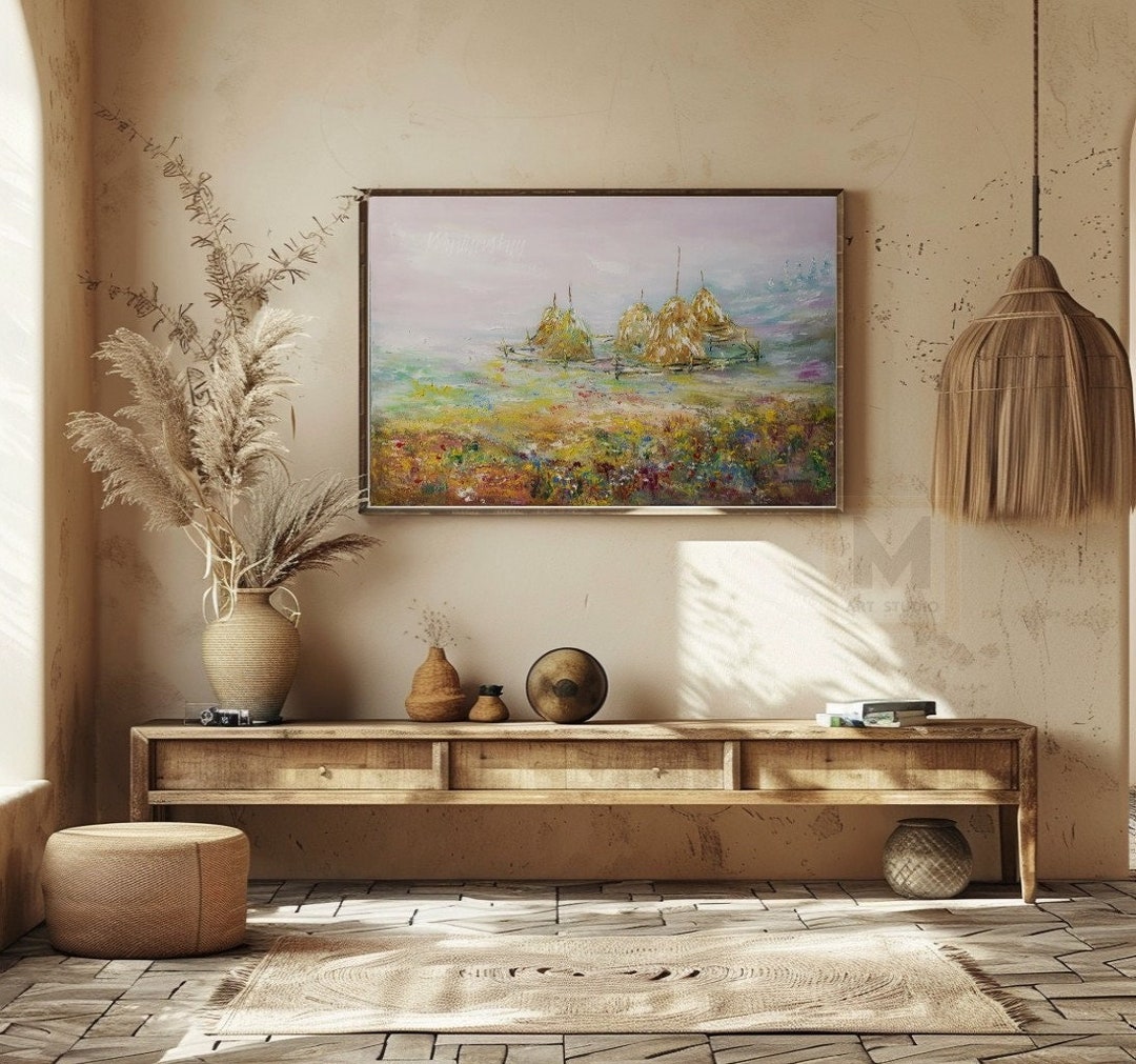 Meadow Landscape Oil Painting, Original Meadow With Haystacks, Flowers ...