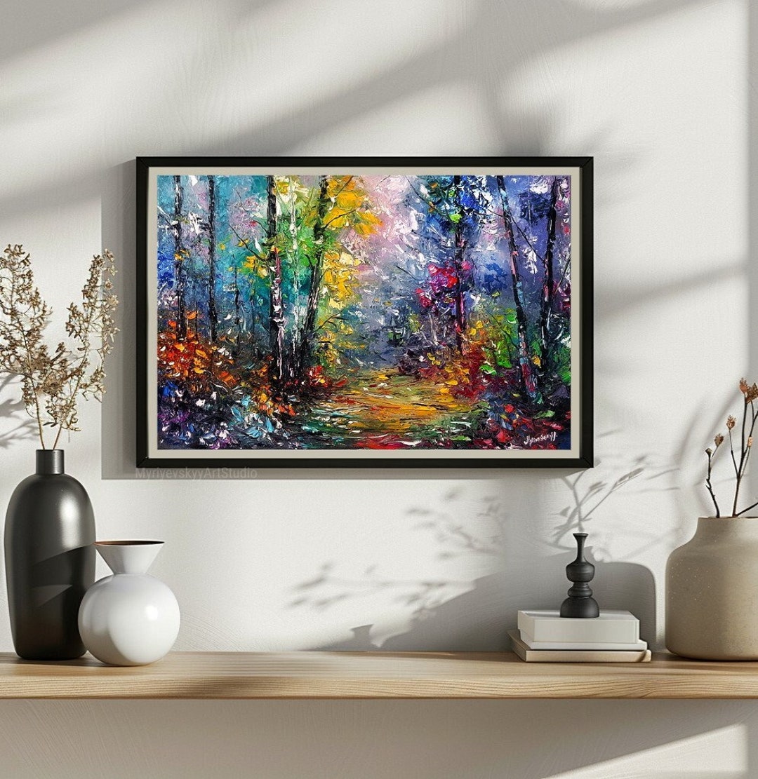 Impressionist Painting of Enchanted Forest With Colorful Flowers and ...