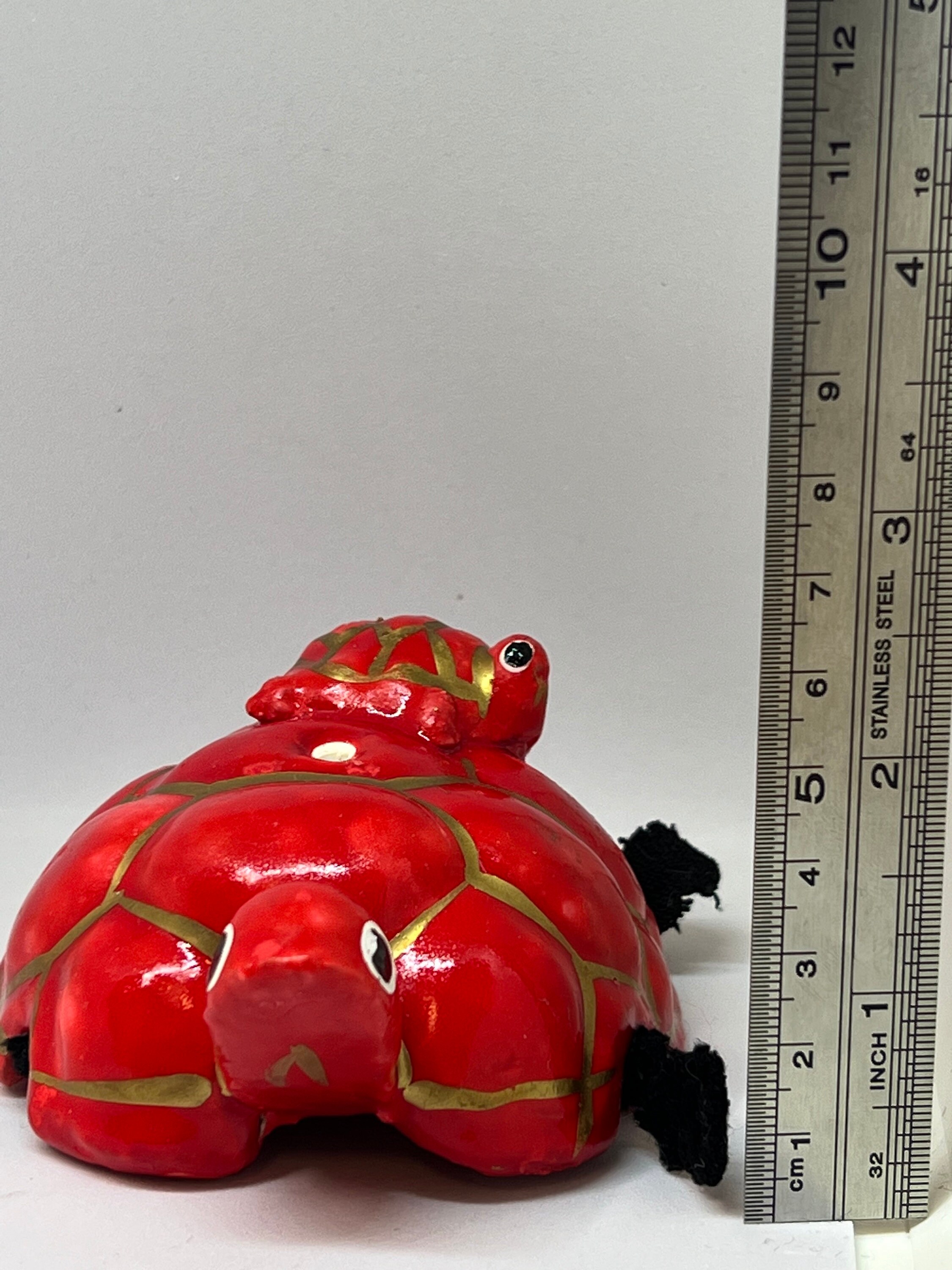 Japanese Folk Art — Papier Mache —red Turtle With a Baby Turtle on Top ...