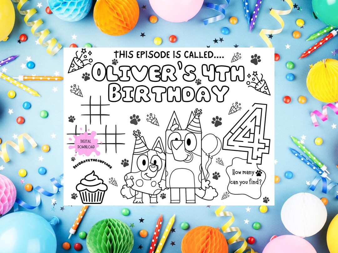 Bluey Birthday Party Placemat Activity Coloring Printable Page for ...