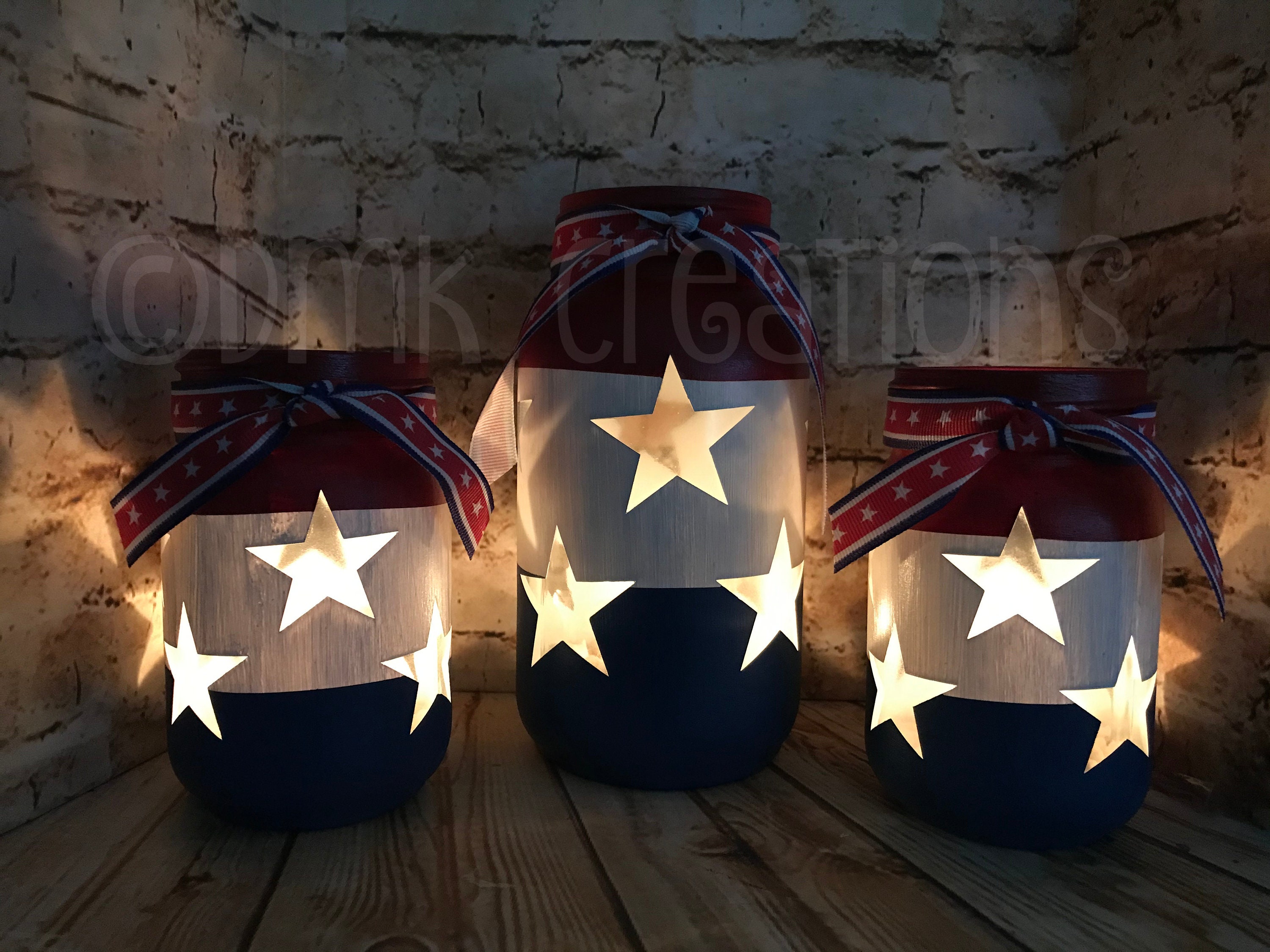 Patriotic Painted Mason Jar Tea Light Candle Holders, Painted Mason Jar ...