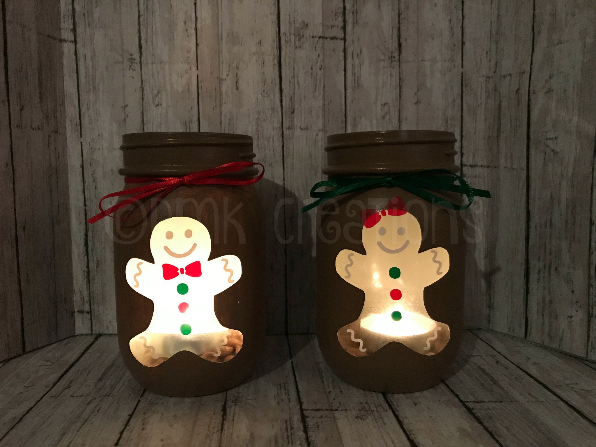 Set of Gingerbread Boy and Girl Painted Mason Jar Tea Light Candle ...