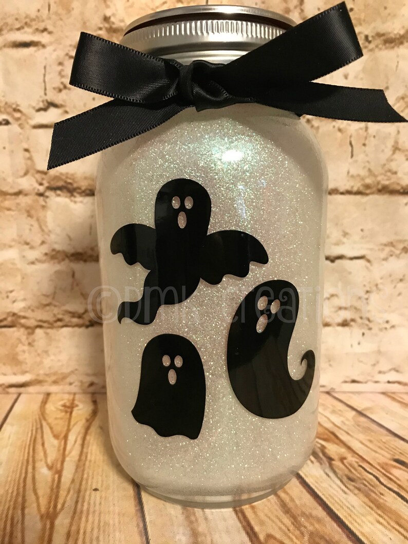 Ghost Lighted Glitter Mason Jar, Witch, Ghost, Mason Jar, Lighted Mason ...