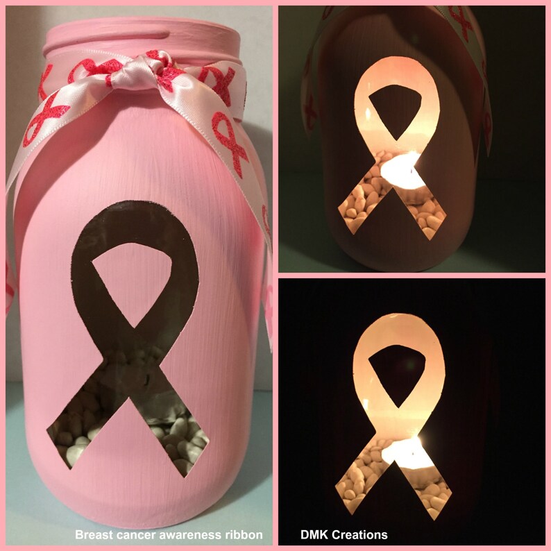 Breast Cancer Awareness Ribbon painted mason jar tea light | Etsy
