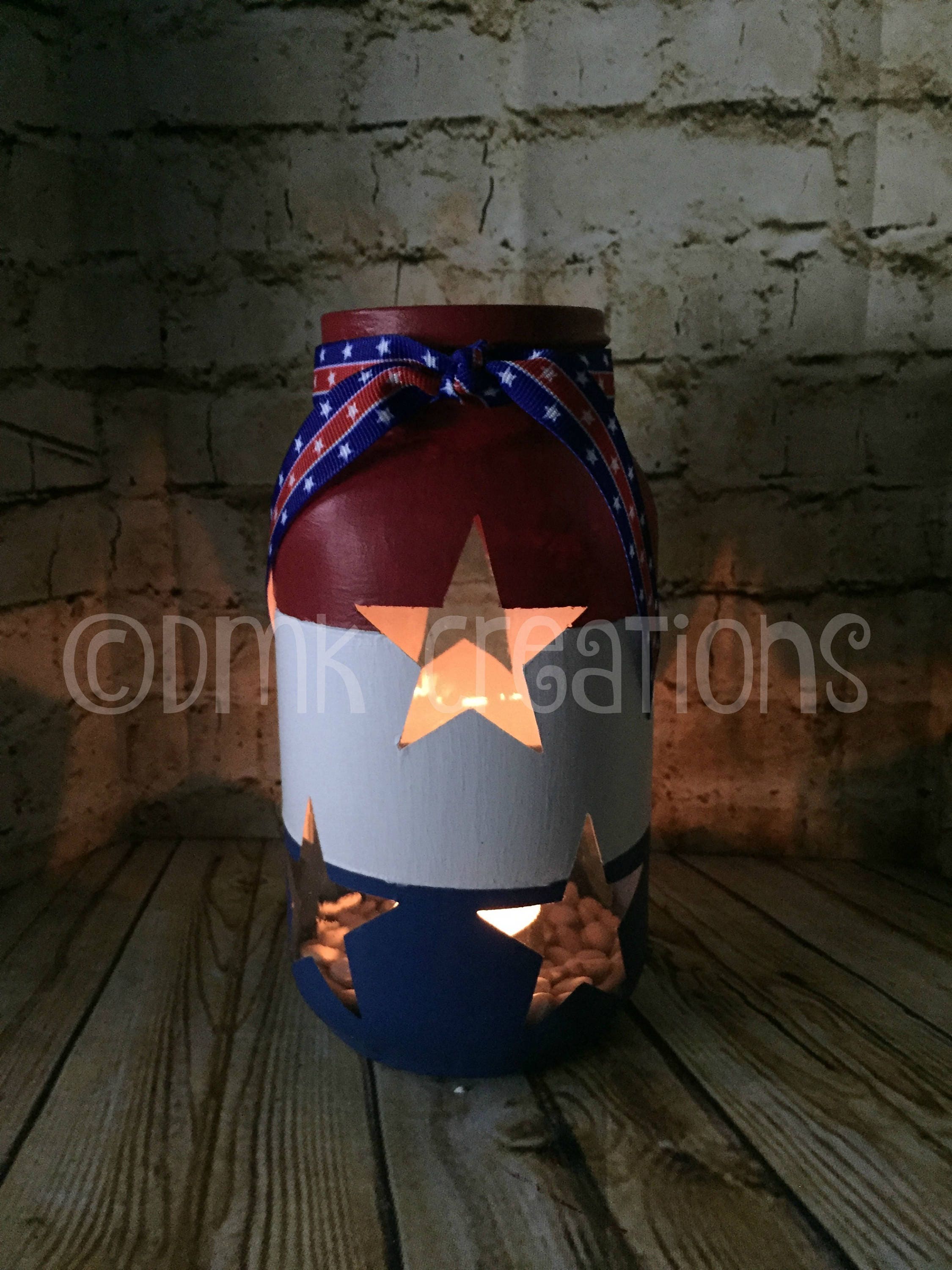 Patriotic Painted Mason Jar Tea Light Candle Holder, Painted Mason Jar ...