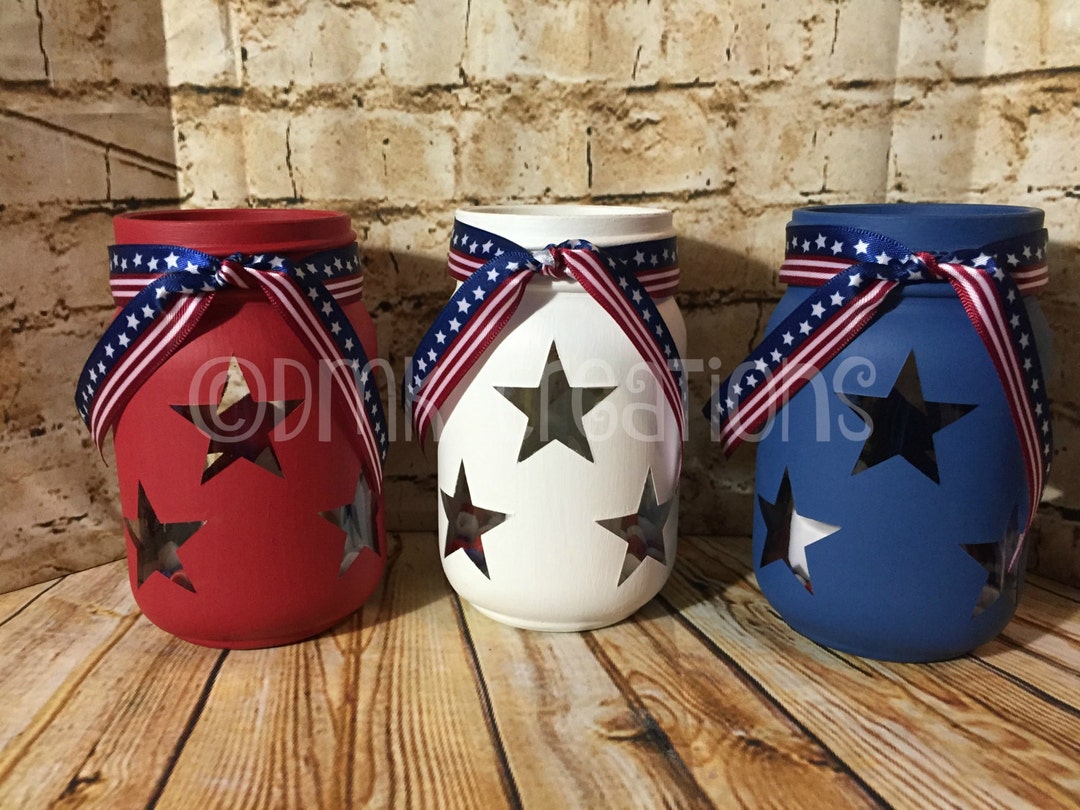 Set of Patriotic Painted Mason Jar Tea Light Candle Holders, Painted ...