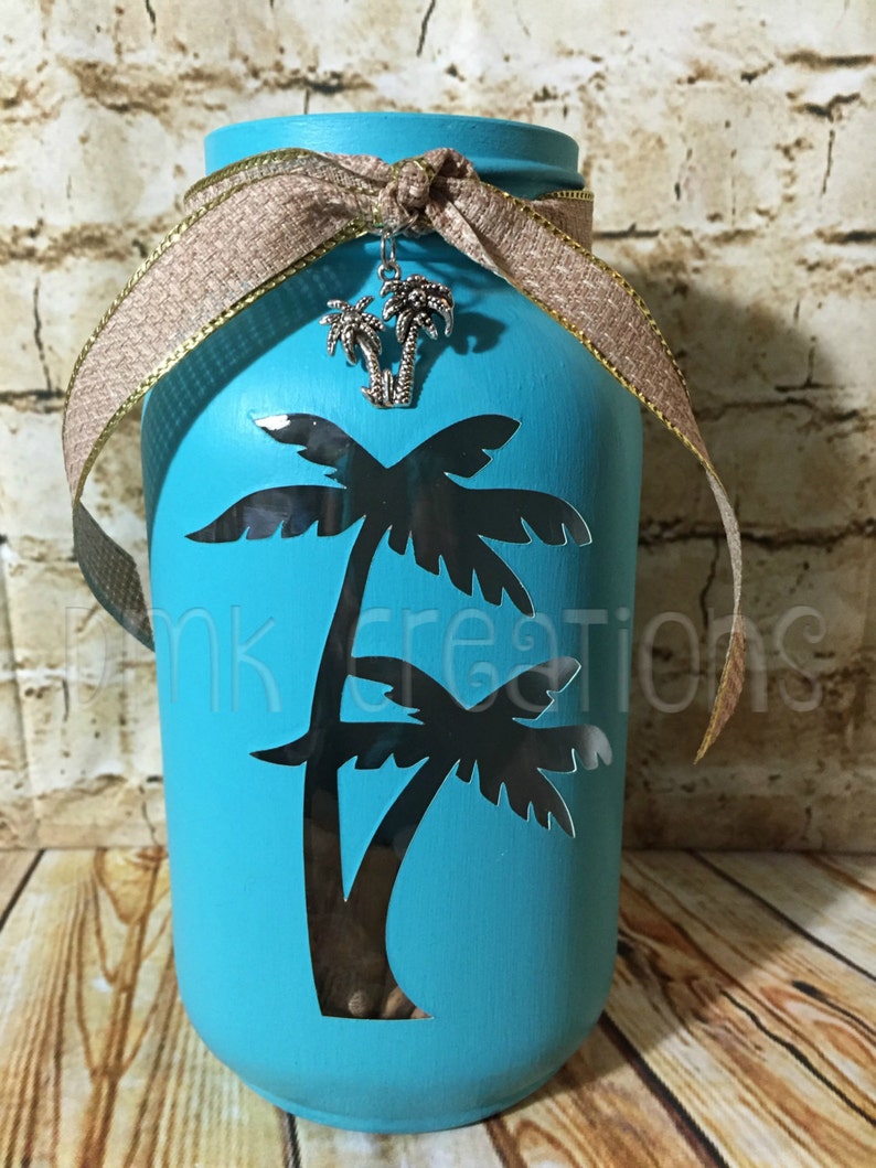 Palm Tree Painted Mason Jar Tea Light Candle Holder, Palm Tree, Painted ...