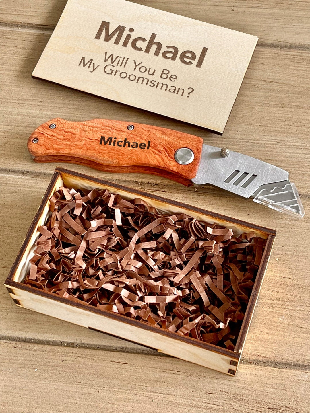 Personalized Hand Made Gift Box With Engraved Wood Handle Utility Knife ...