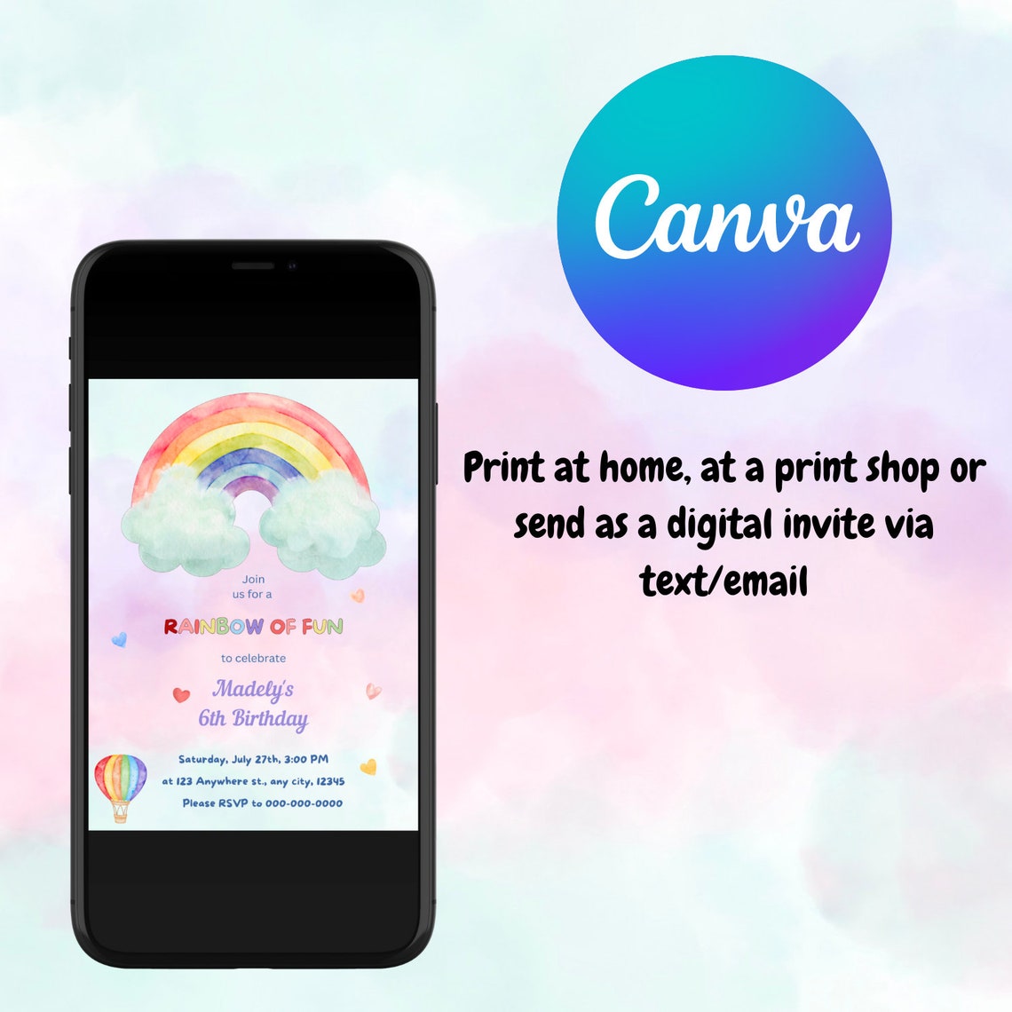 Editable Rainbow Birthday Invitation Girls Rainbow Party Rainbow ...