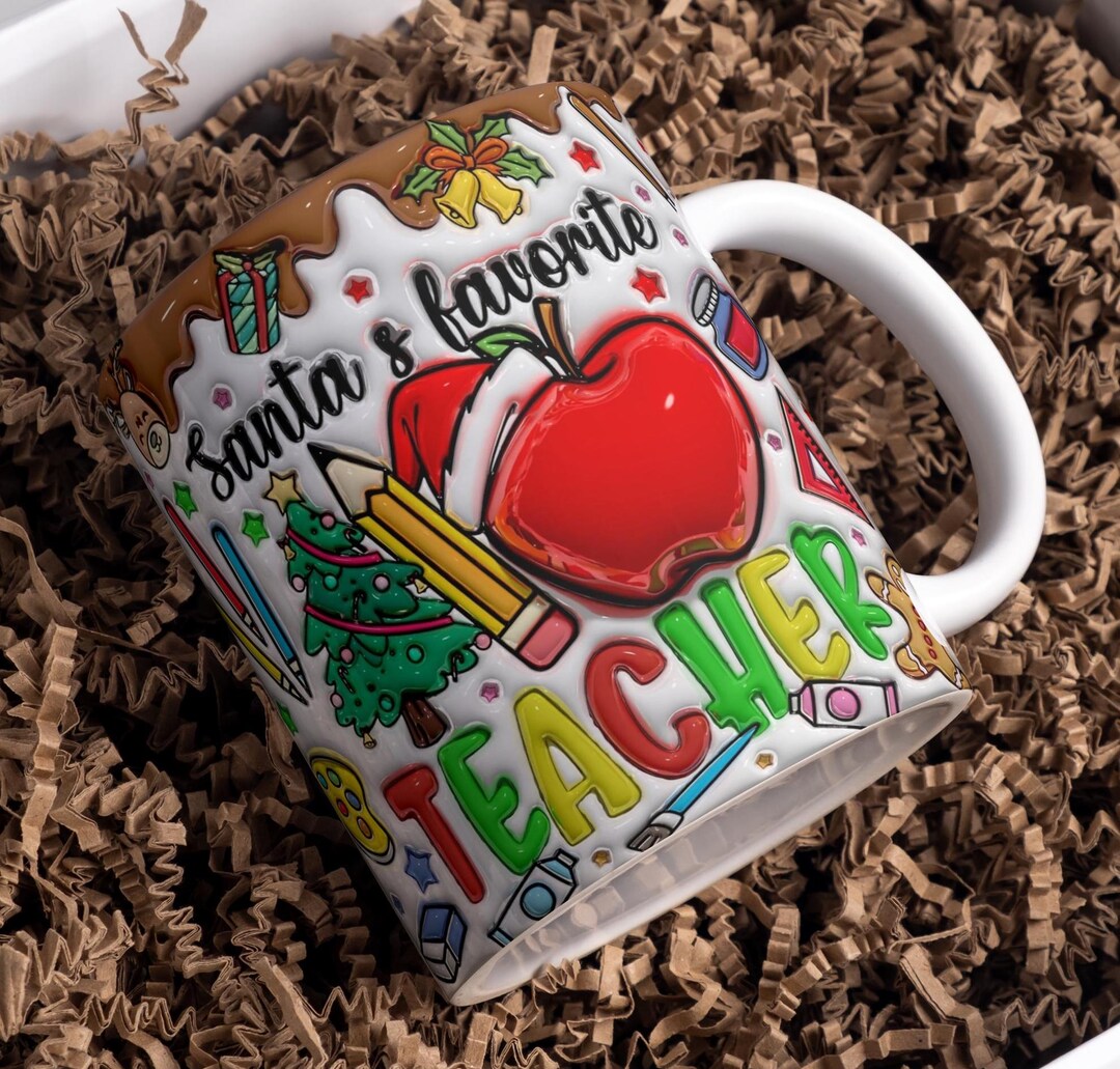 Puffy Santa's Favorite Teacher Mug Wrap Around Digital Mug Designs ...