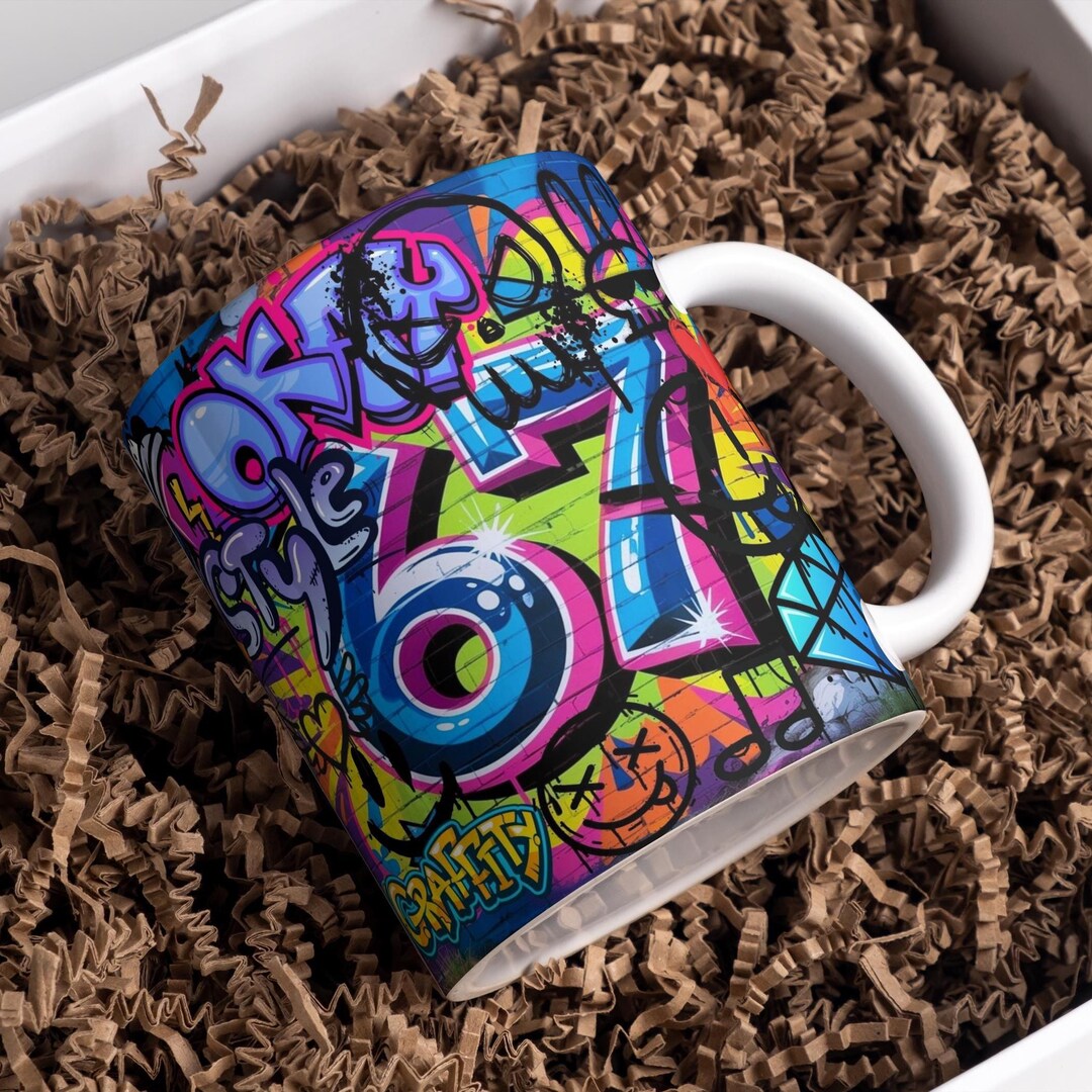 67 Blue Graffiti, Six Seven Wall Graffiti, Cup Wrap Around Digital Mug ...