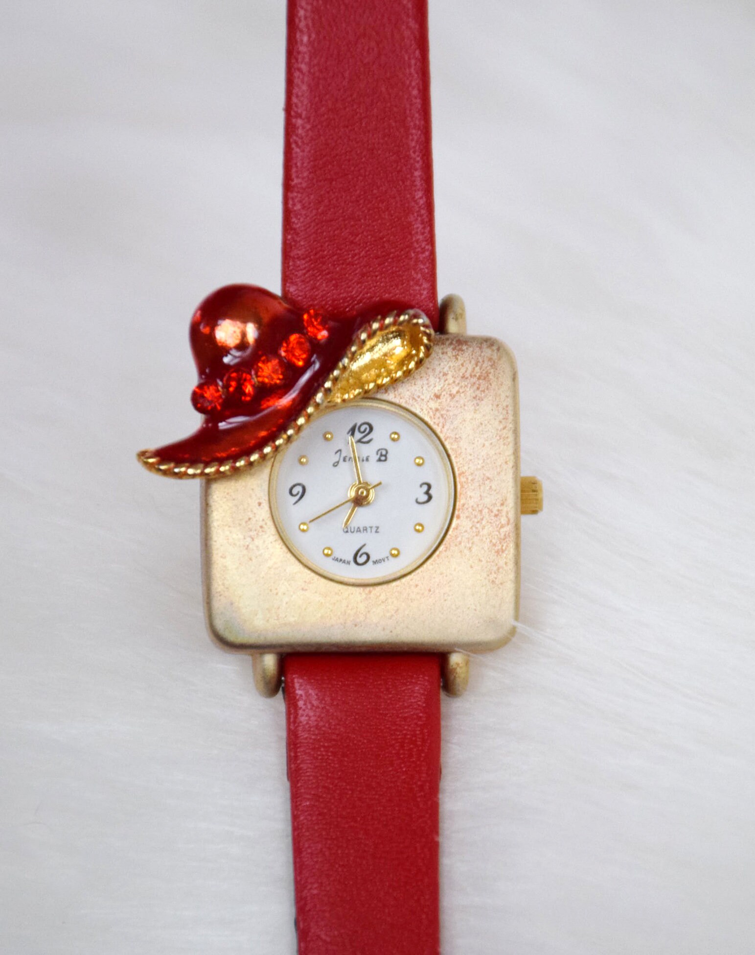 Vintage JENNIE B Ladies' Red Leather Watch Rhinestone & Enamel Red Hat ...