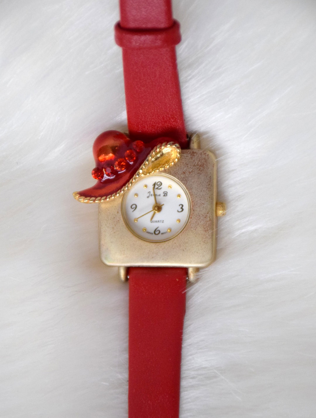 Vintage JENNIE B Ladies' Red Leather Watch Rhinestone & Enamel Red Hat ...