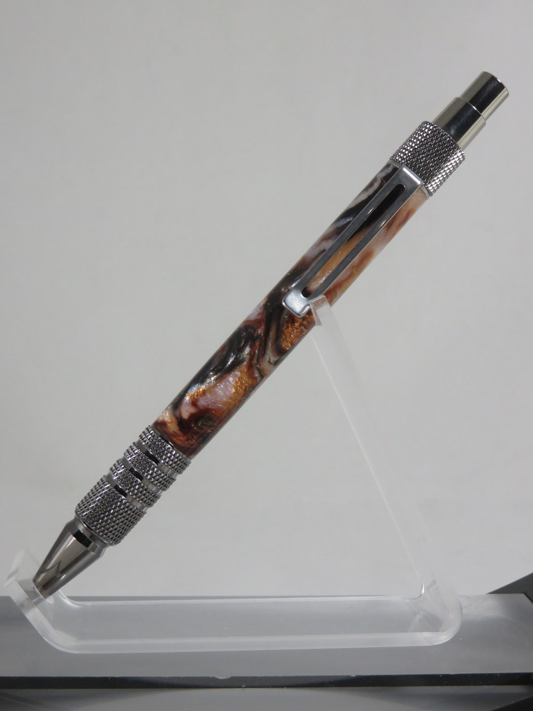 Ballpoint Click Pen, "dura Click Edc" Style in Black, White, and Copper Acrylic Resin With Gun ...