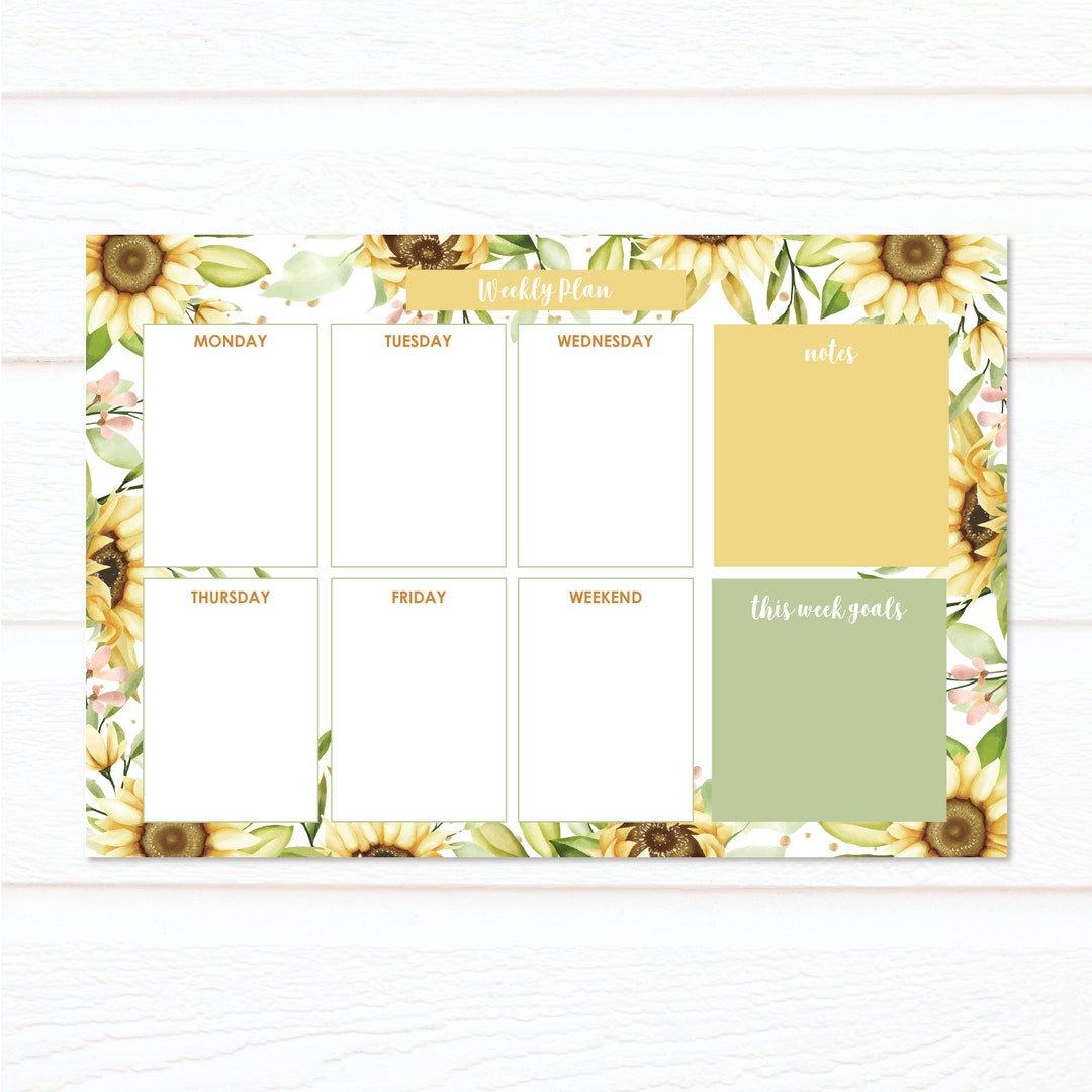 Sunflower Themed Weekly Planner, Sunflower Notepad, Weekly to Do List ...